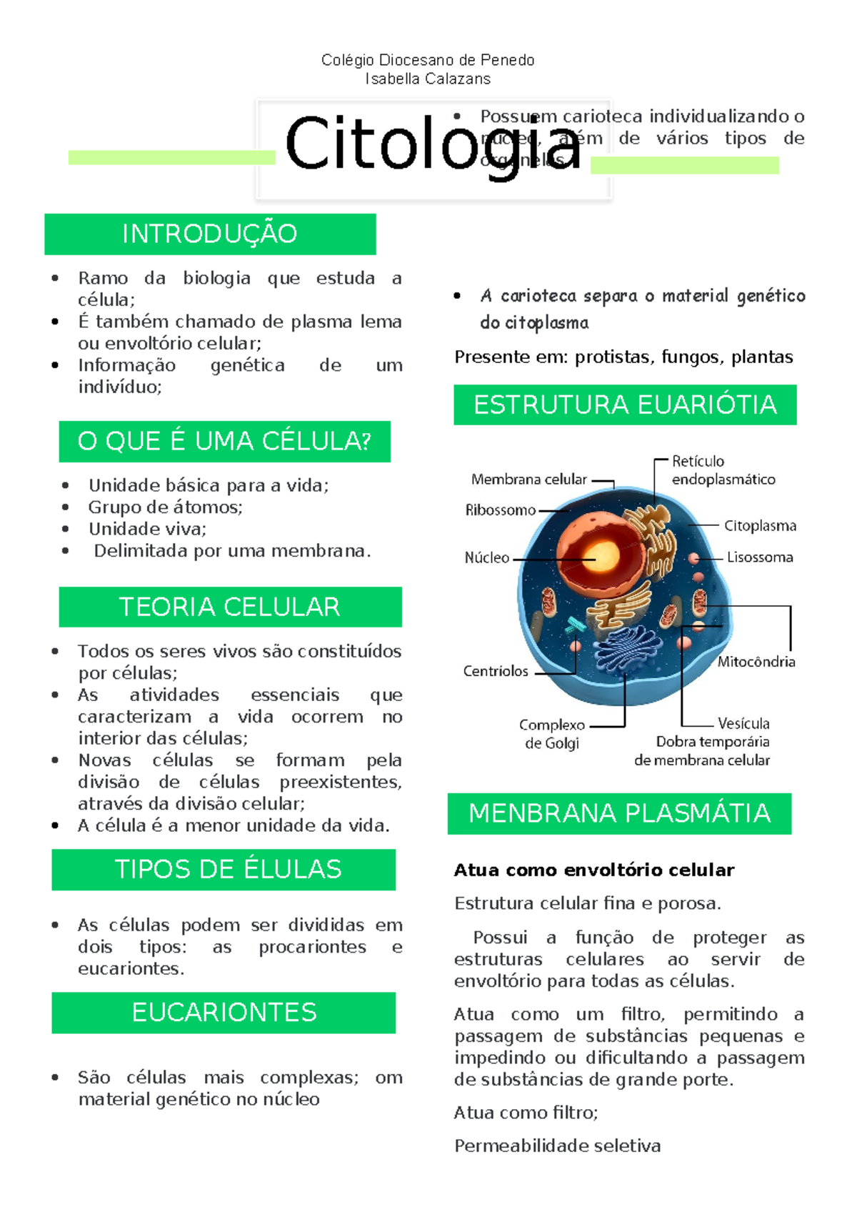 resumo completo sobre citologia - Isabella Calazans Ramo da biologia ...