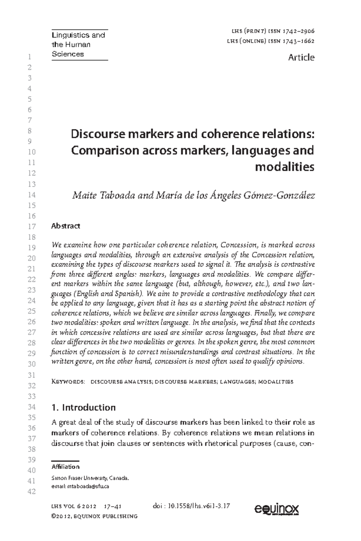 Discourse Markers And Coherence Relations Taboada Gomez Gonzalez Lhs