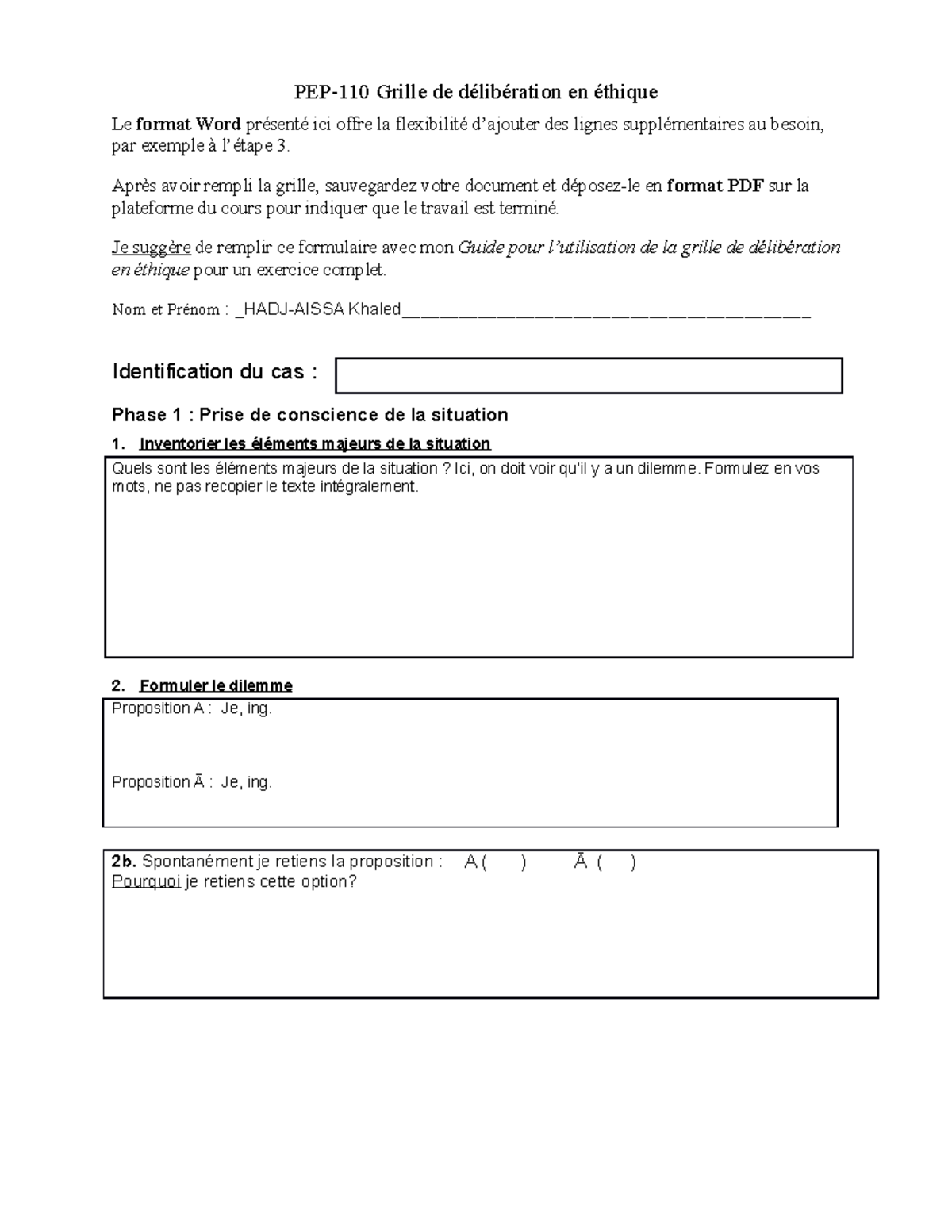 Grille éth Moodle - PEP-110 Grille de délibération en éthique Le format ...
