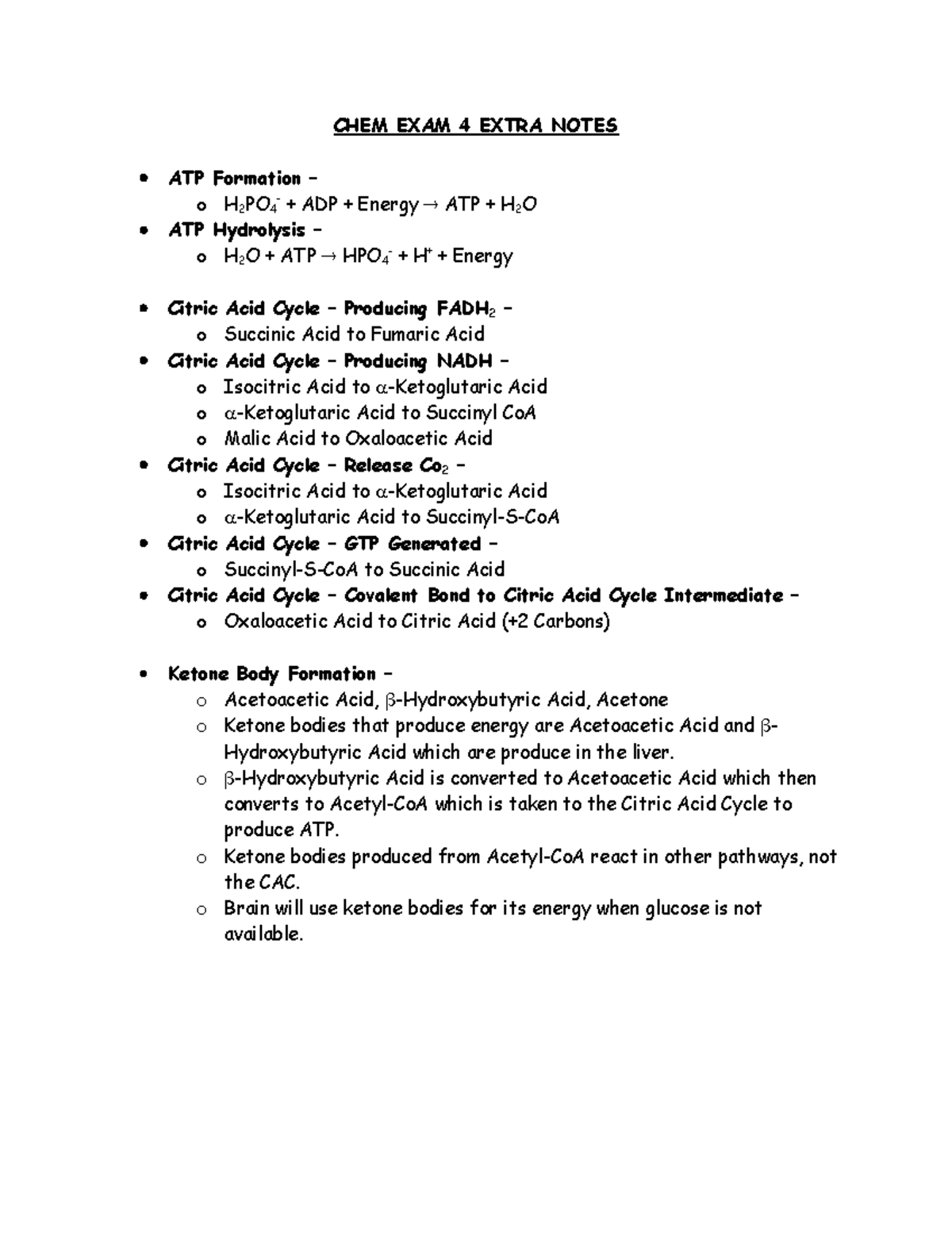 Chem Study Guide 4 Quick Notes - CHEM EXAM 4 EXTRA NOTES ATP Formation ...