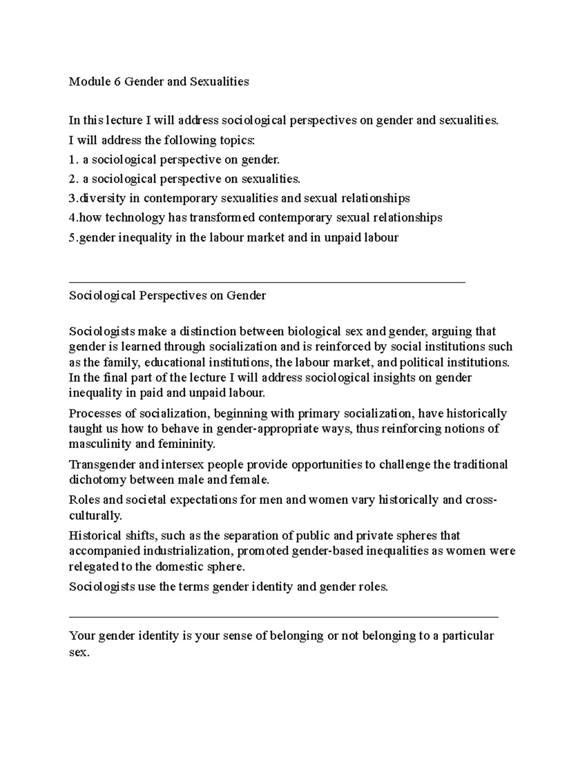 Lecture 6 Notes One Module 6 Gender And Sexualities In This Lecture I