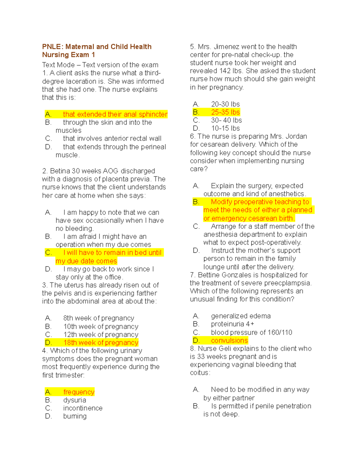 PNLE - Maternal and Child Health Nursing Exam 1 - PNLE: Maternal and ...
