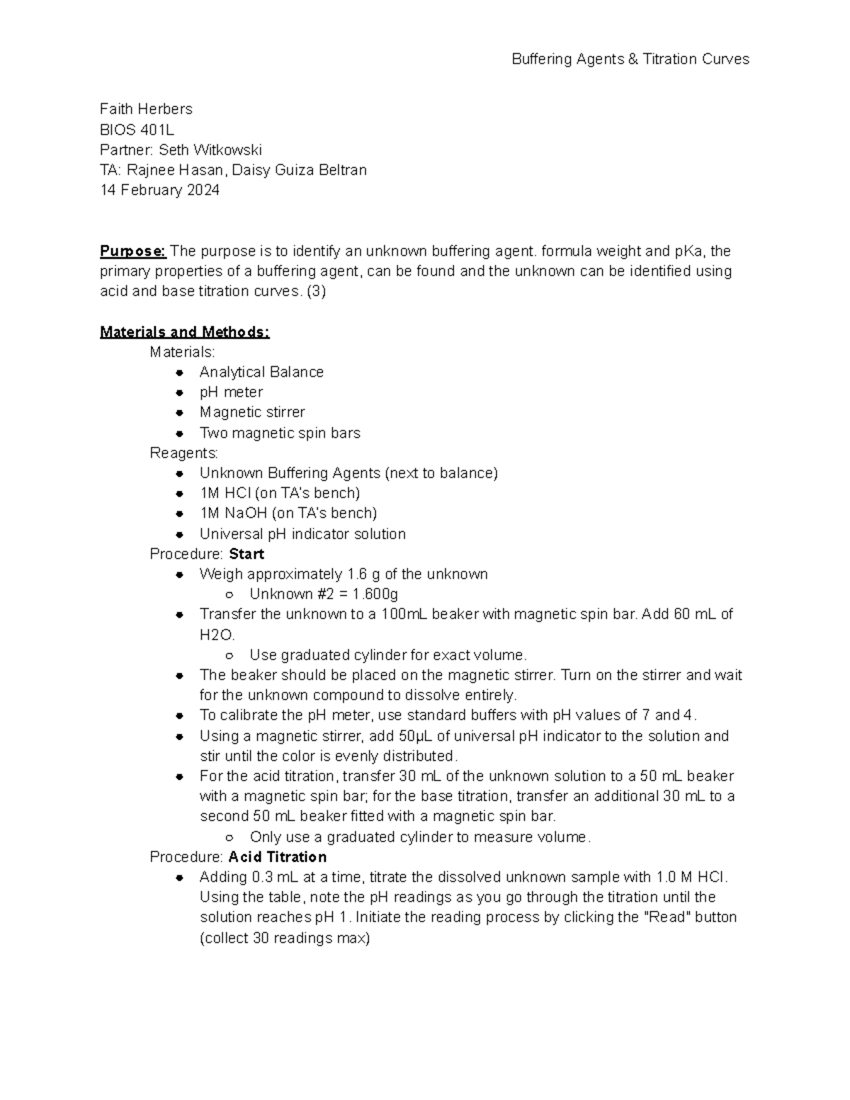 BIOS 401L- Lab Report 3 FAH - Faith Herbers BIOS 401L Partner: Seth ...