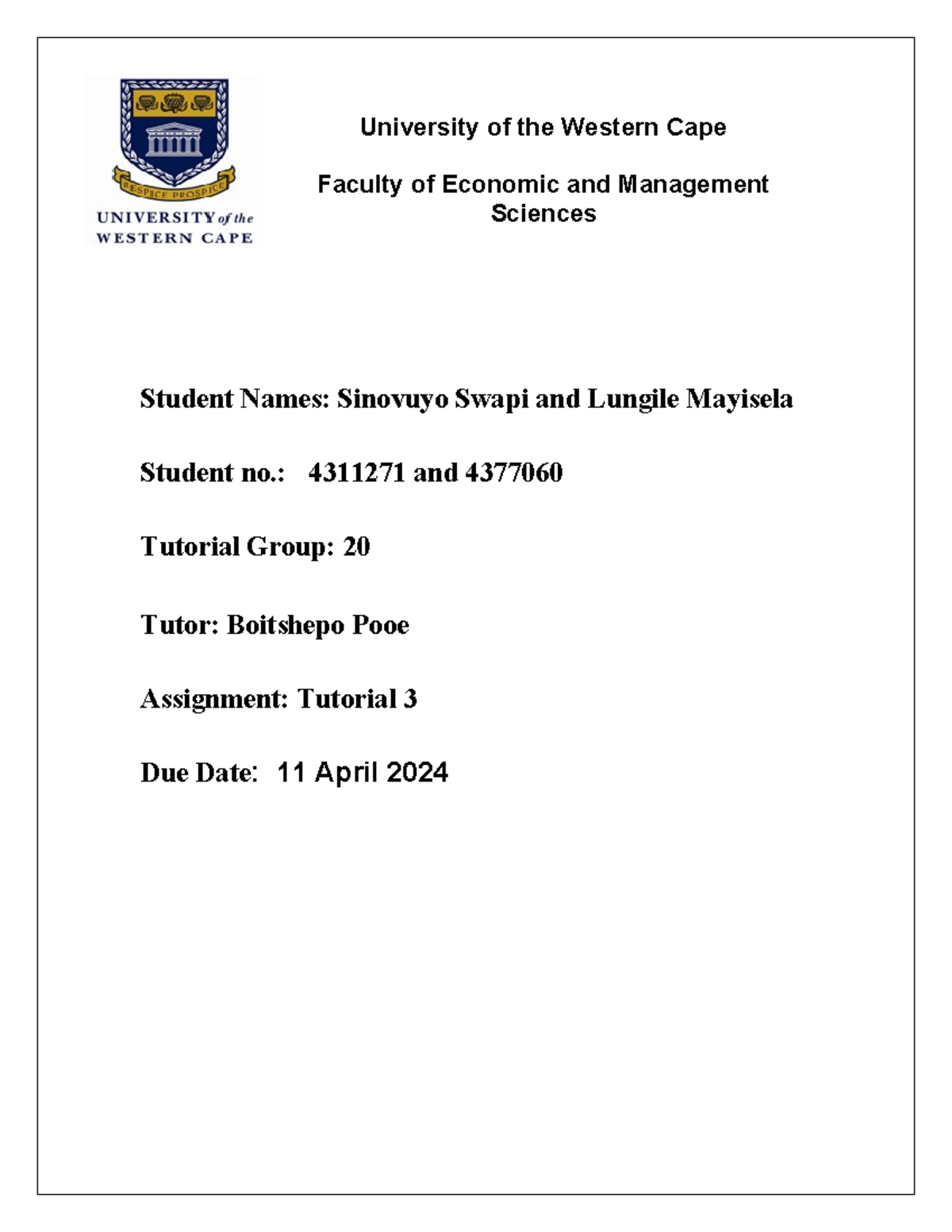 Tutorial 3 - MAN231 - University of the Western Cape Faculty of ...