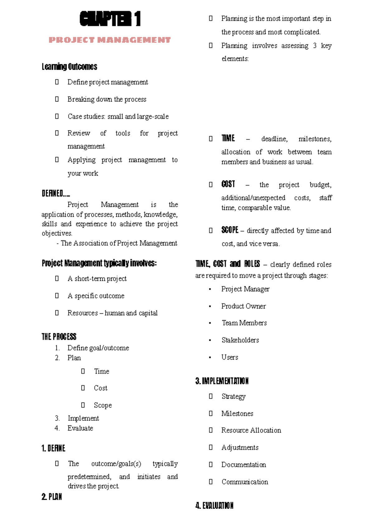Alieza OM - CHAPTER 1 PROJECT MANAGEMENT Learning Outcomes Define ...