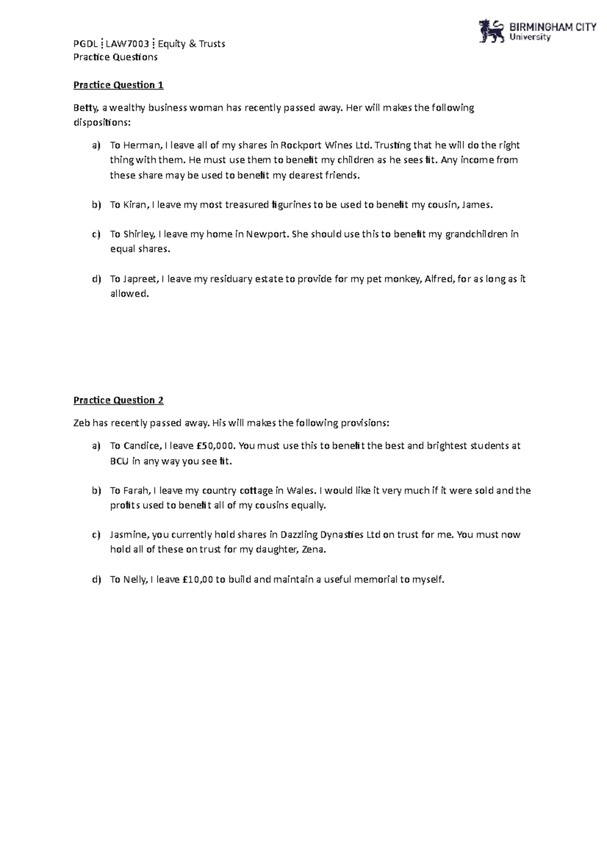 GLD Equity and Trusts - Practice Questions - PGDL LAW7003 Equity ...