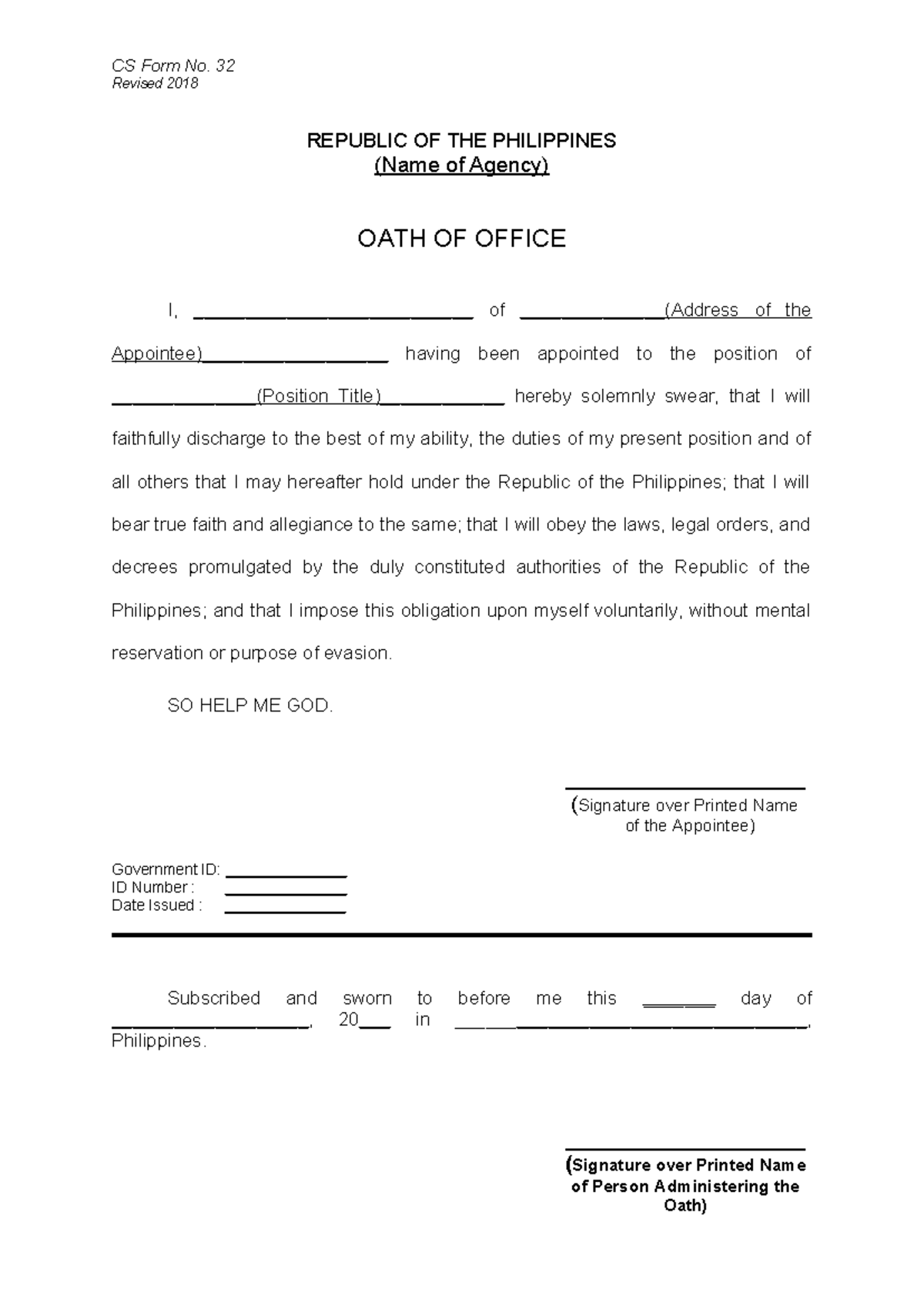 CS Form No. 32 Oath of Office - CS Form No. 32 Revised 2018 REPUBLIC OF ...