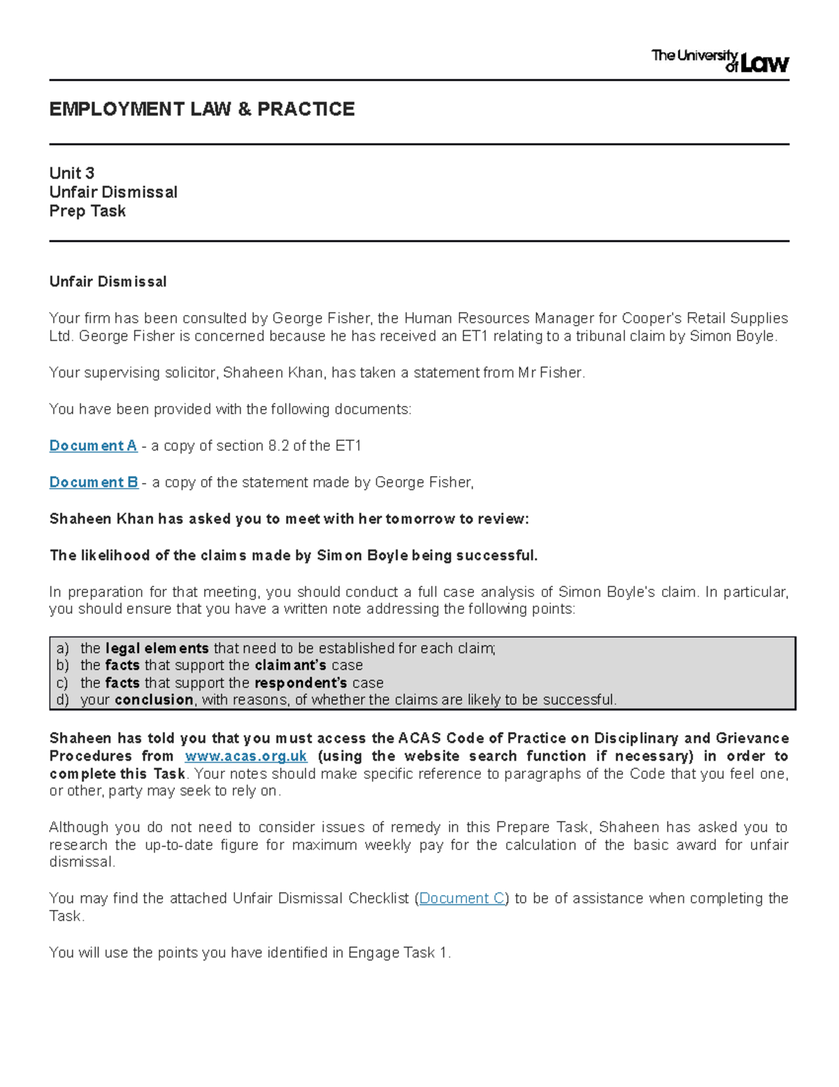 WS3 - Unfair Dismissal - Prep Task - EMPLOYMENT LAW & PRACTICE Unit 3 ...