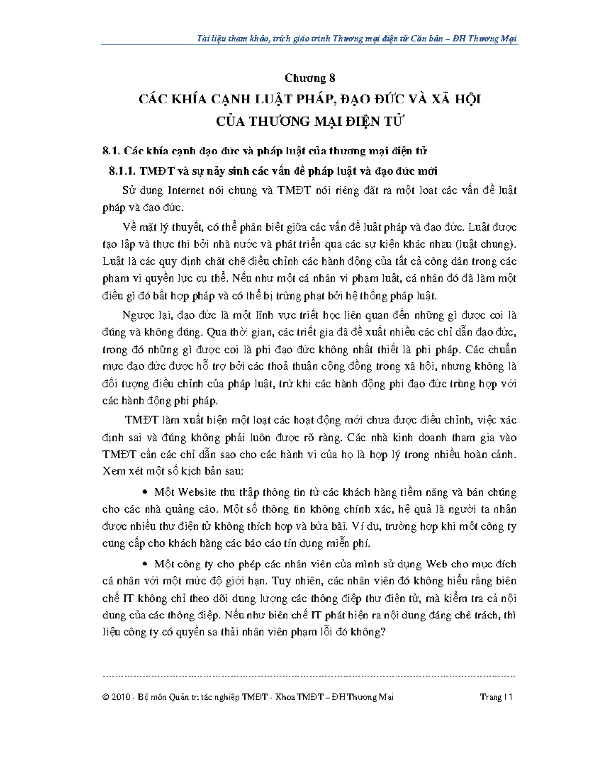 Cac khia canh luat phap, dao duc va xa hoi cua TMDT - © 2010 - B môn Qu n tr tác nghi p TM T ...
