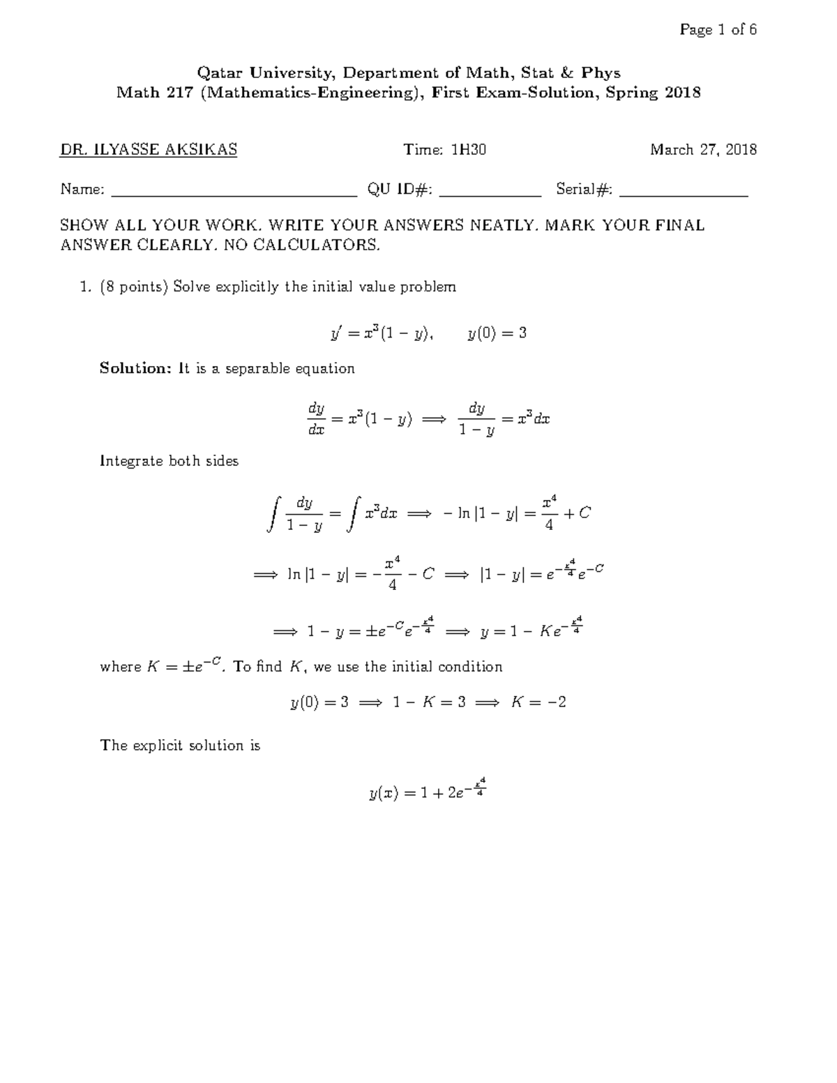 Exam1 - Spring 2018 Sol - Mathematics for Engineering [MATH217] : Exam ...