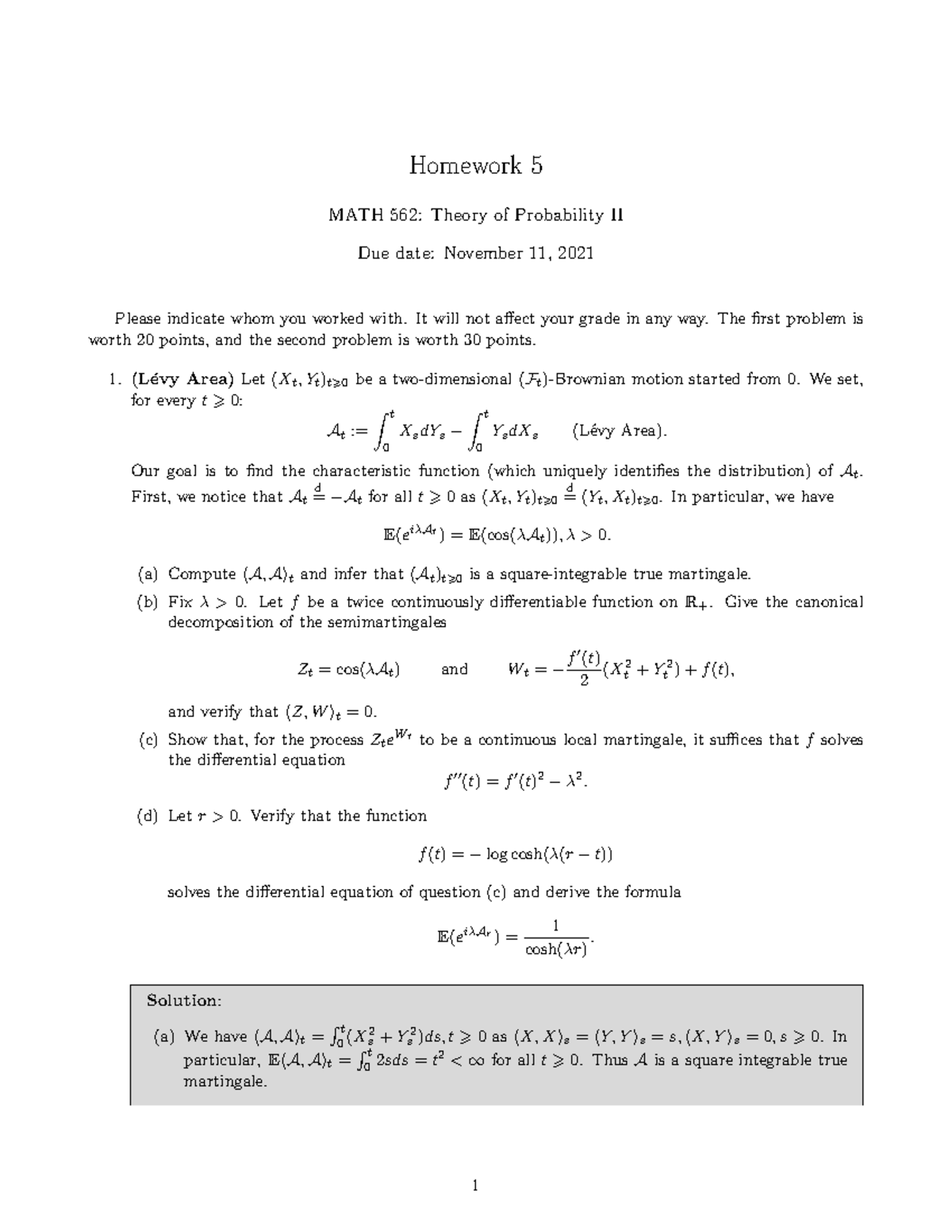 MATH 562 HW 5 Solutions - Homework 5 MATH 562: Theory of Probability II ...