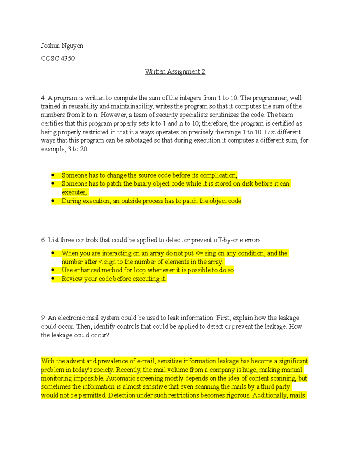 Week 5 Written Assignment 2 - Joshua Nguyen COSC 4350 Written ...