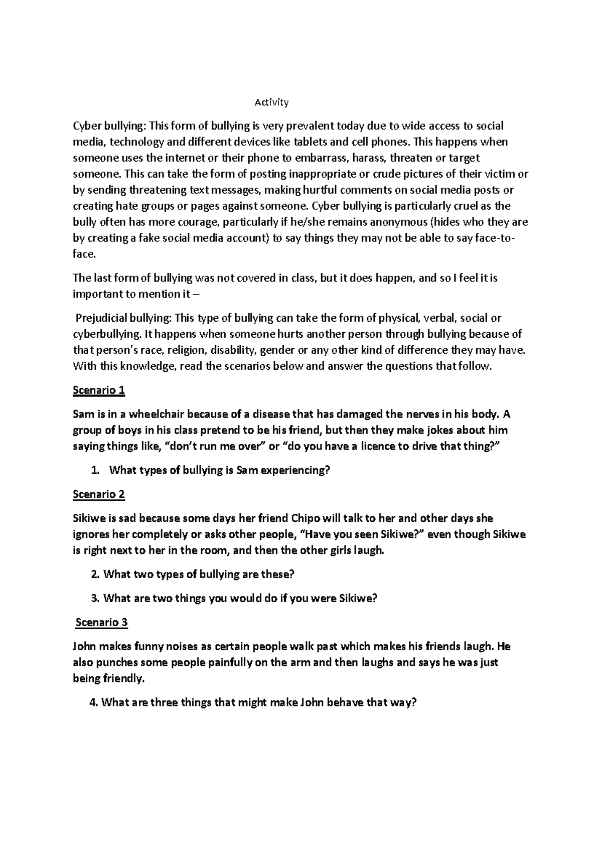 Cyber bullying activity (3) Grade 6 - Activity Cyber bullying: This ...