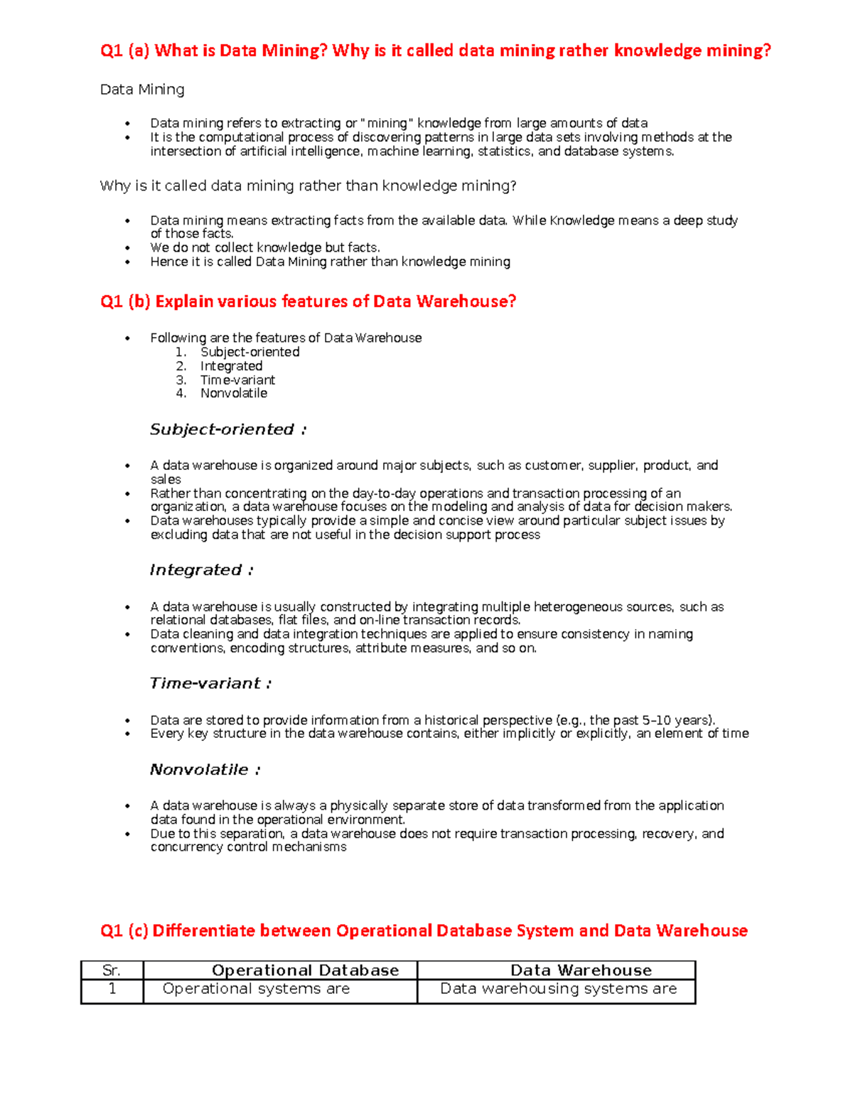 Q1 - LECTURE NOTES - Q1 (a) What is Data Mining? Why is it called data ...