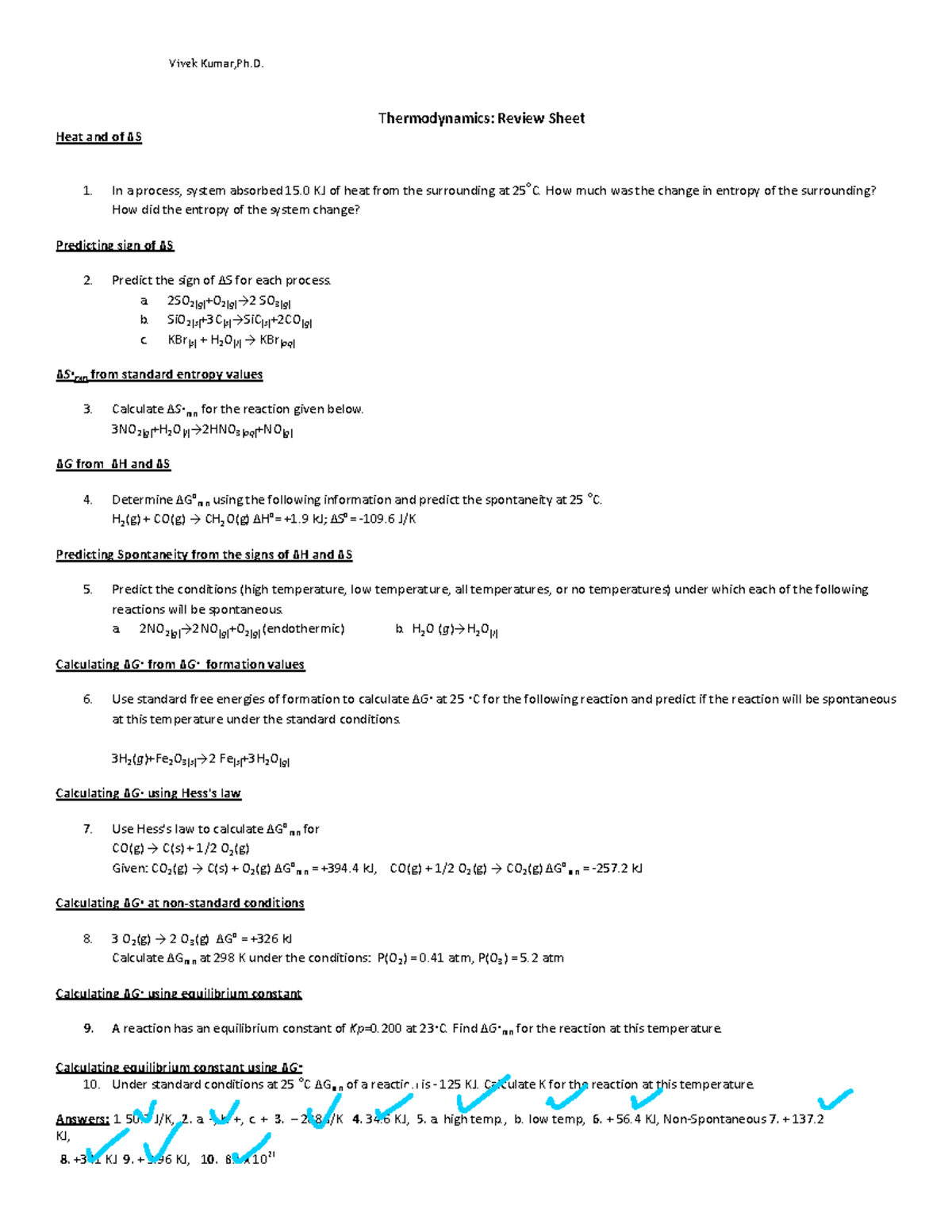 Thermodynamics HW - Thermodynamics: Review Sheet Vivek Kumar,Ph. Heat ...