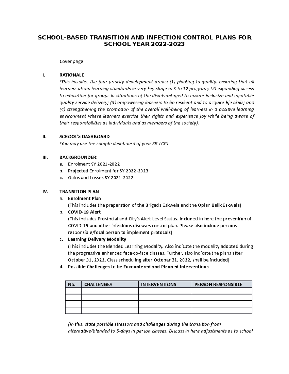 Transition-Plan - LECTURE - SCHOOL-BASED TRANSITION AND INFECTION ...