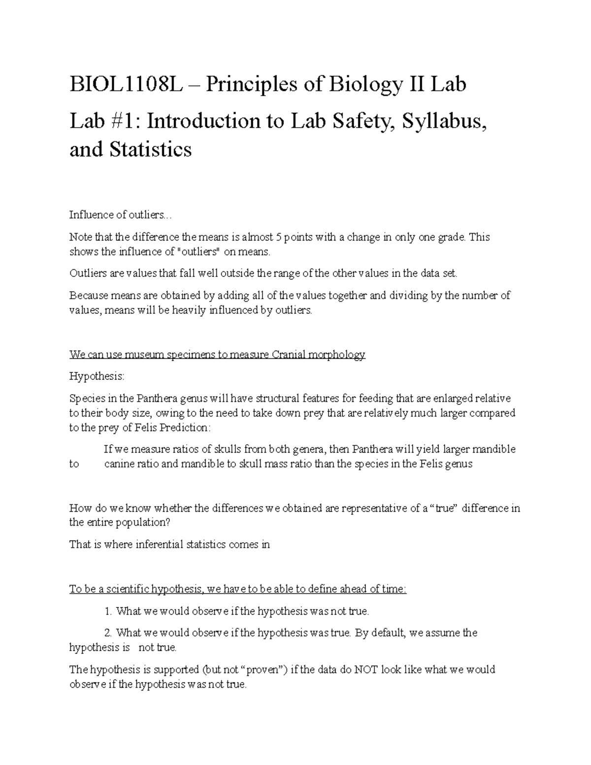 BIOL1108L – Principles of Biology II Lab Lab #1, Introduction to Lab ...