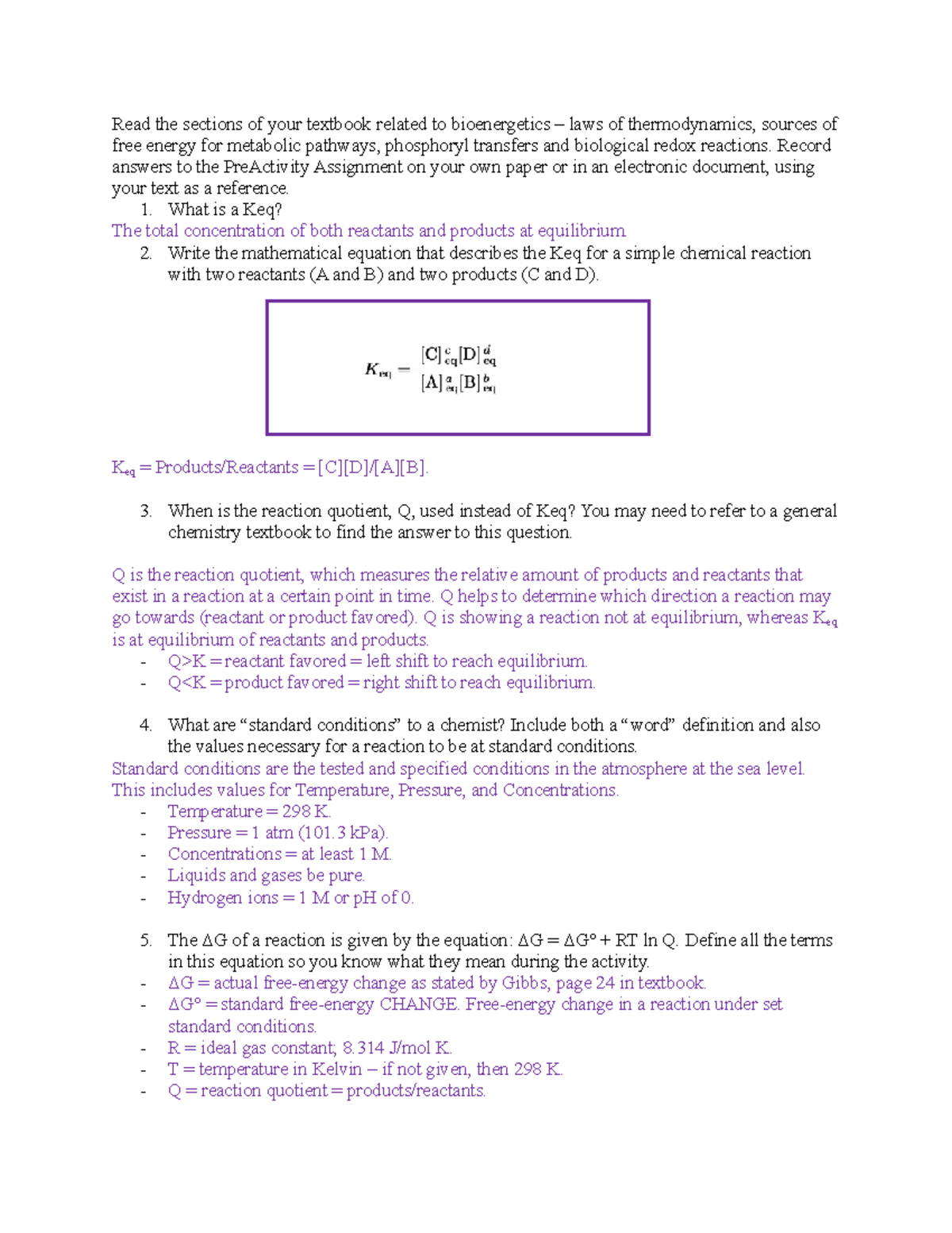Biochemistry II Pre-Activity 1 - Read the sections of your textbook ...