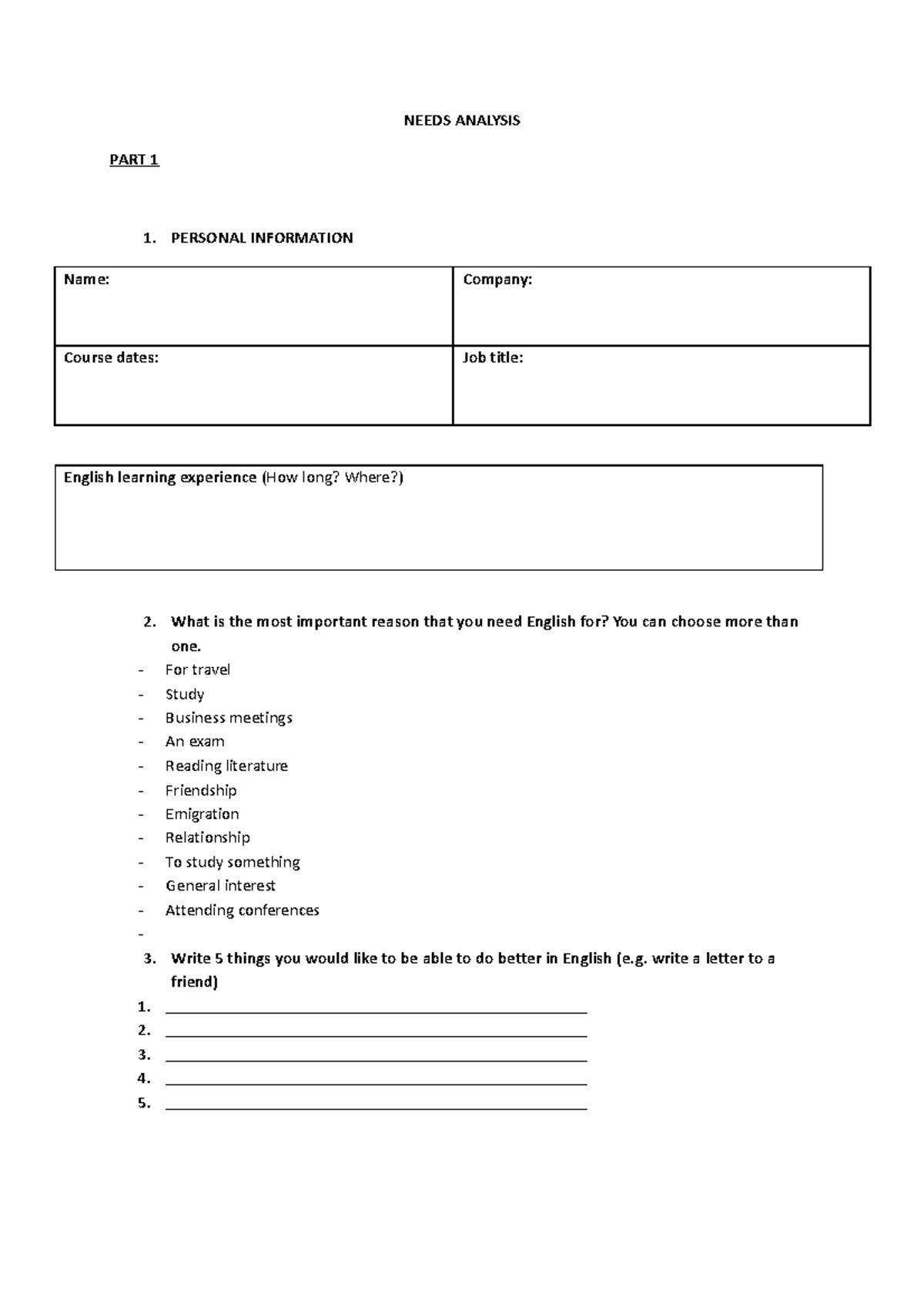 Needs analysis questionnaire for esp - NEEDS ANALYSIS PART 1 PERSONAL ...