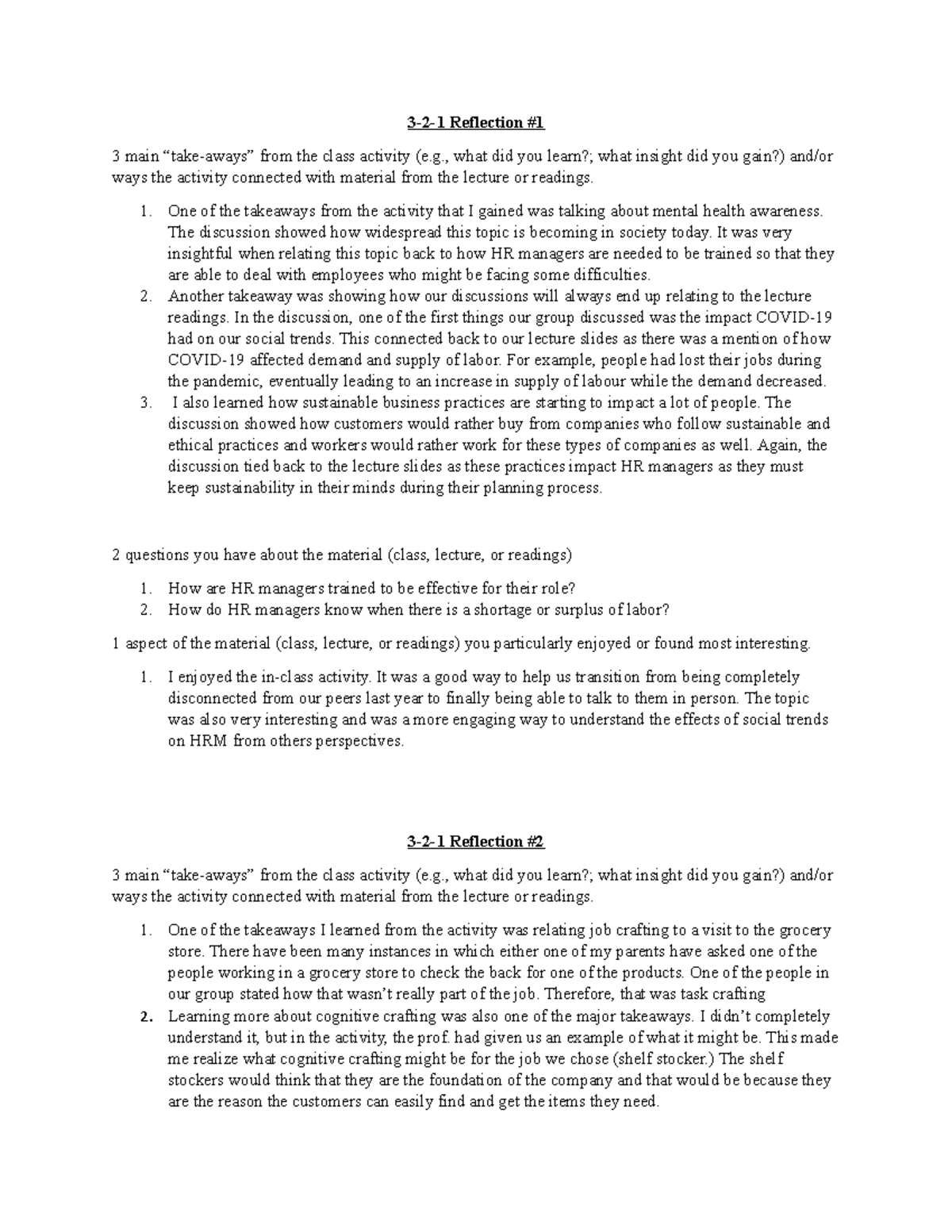 3-2-1 Reflections - Sara Khurram - 3-2-1 Reflection # 3 main “take ...