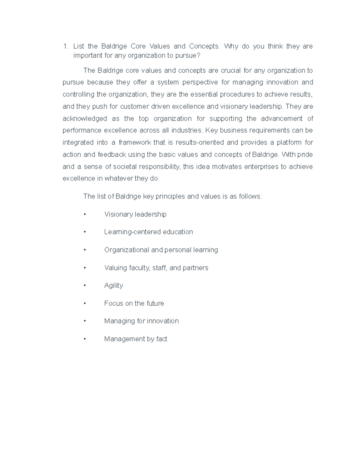 B10 - Baldrige Core Values and Concepts, Criteria for Performance Excellence. , strategy, - Studocu