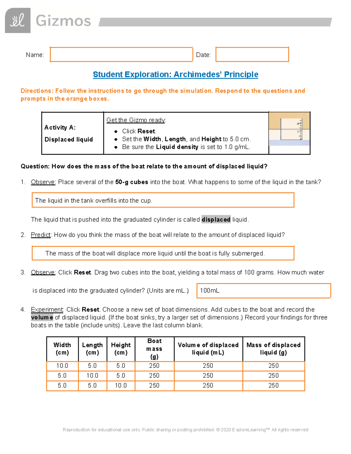 Gizmos Archimedes Principle - Name: Date: Student Exploration ...
