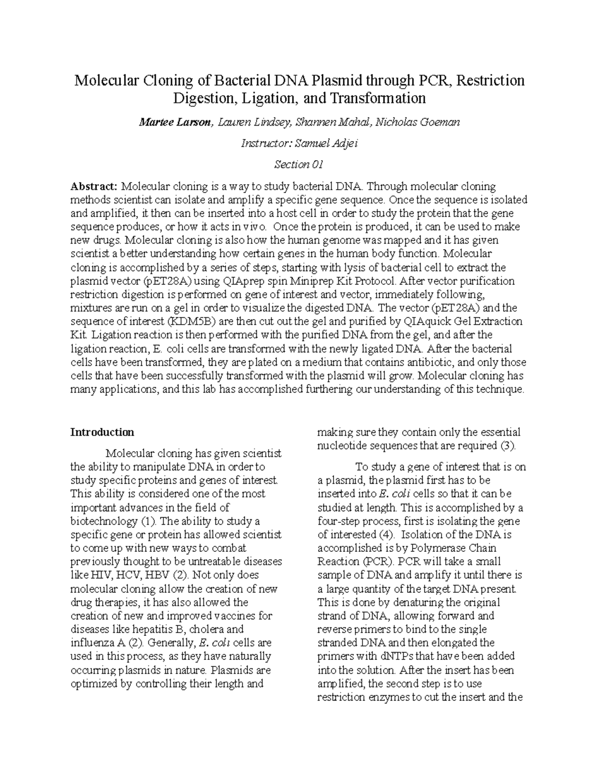 Formal Lab Report 1 Example - Molecular Cloning of Bacterial DNA ...