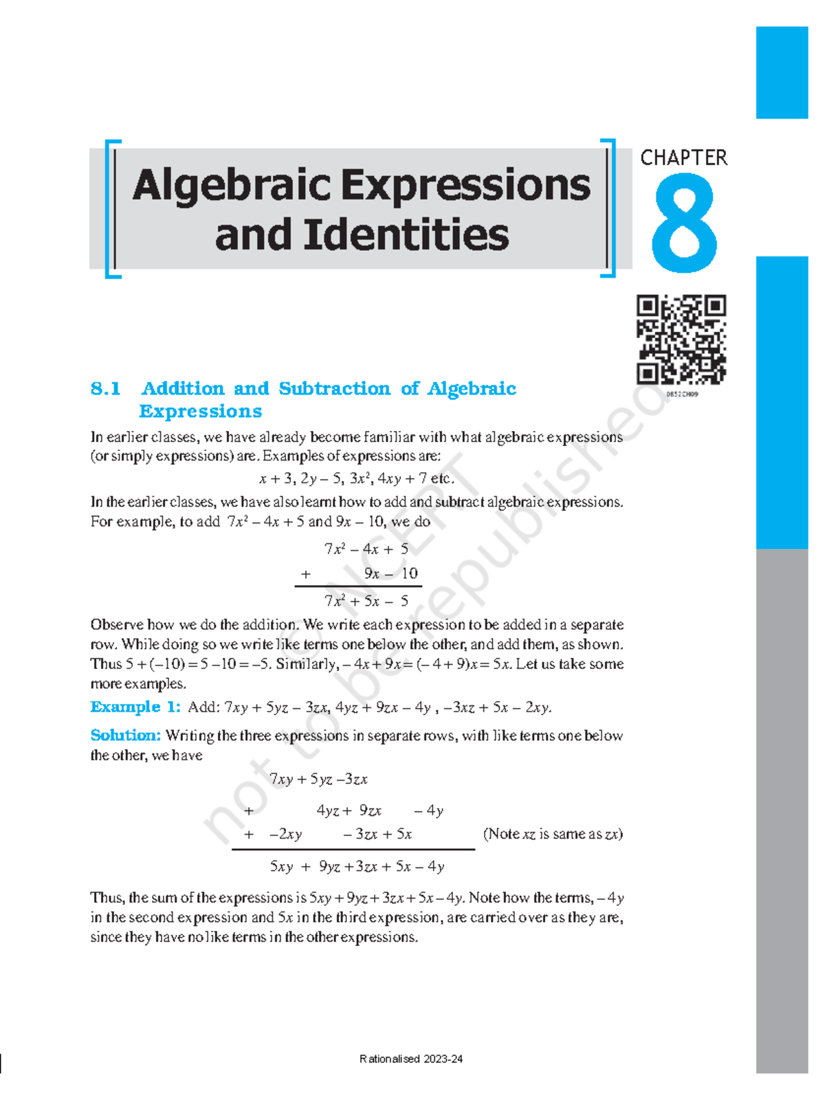 Hemh108 - Mathematics Textbook class 8 English - ALGEBRAIC EXPRESSIONS ...