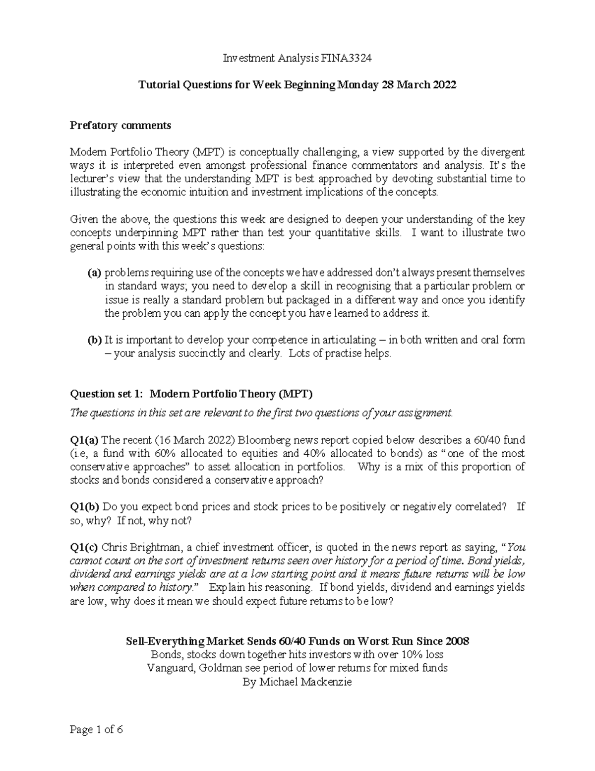 Wk4 Tutorial Questions Week begin Monday 28 March 2022 - Investment ...