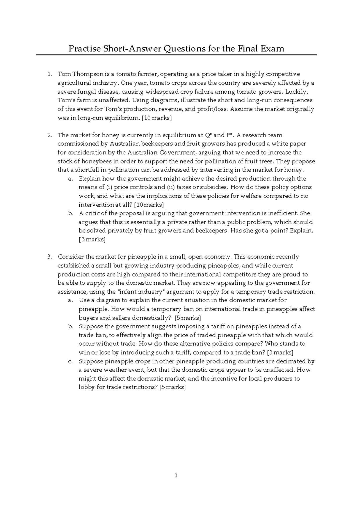 Practise SA questions for final exam - Practise Short-Answer Questions for the Final Exam Tom ...