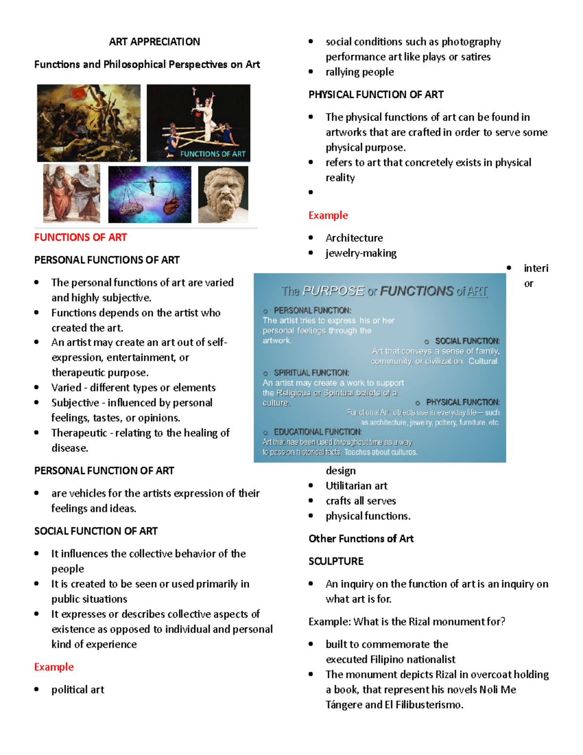 Reviewer- ART Appre - ART APPRECIATION Functions and Philosophical Perspectives on Art FUNCTIONS ...