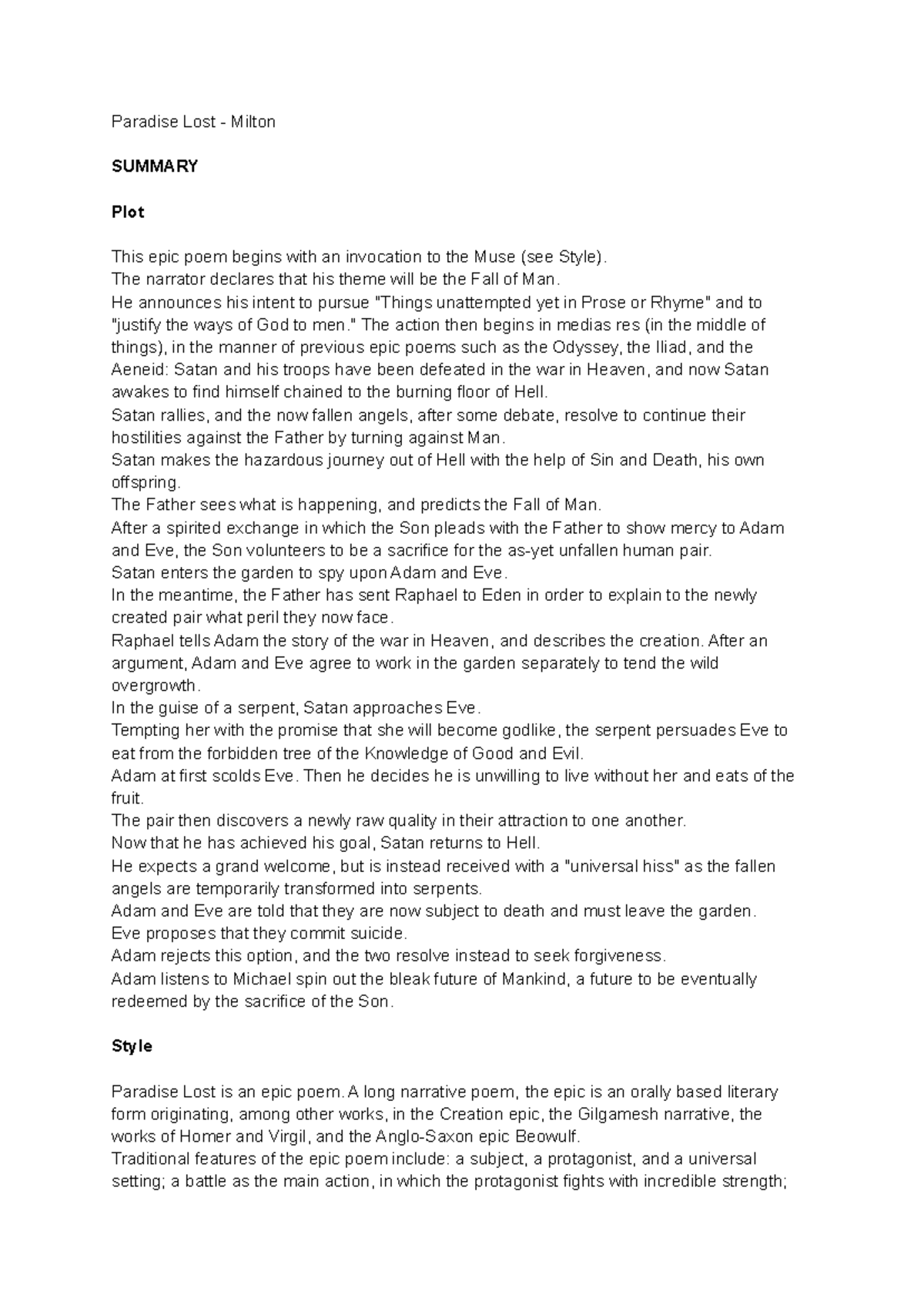 Paradise Lost - Milton brief summary - Paradise Lost - Milton SUMMARY ...