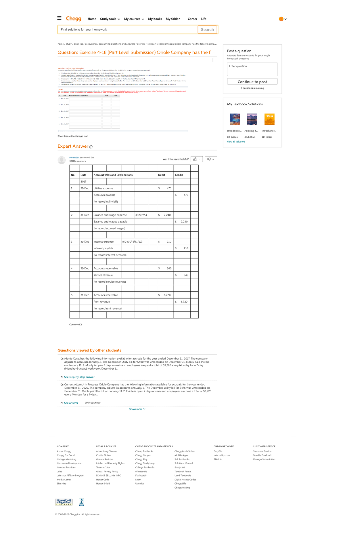 Exercise 4-18 (Part Level Submission) Oriole Compa... Chegg - Kimia Sebatian Semulajadi - Studocu