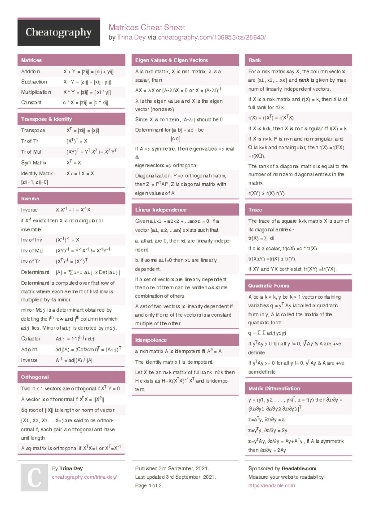 Matrices cheat sheet - Study notes of 1st year Engineering Mathematics ...