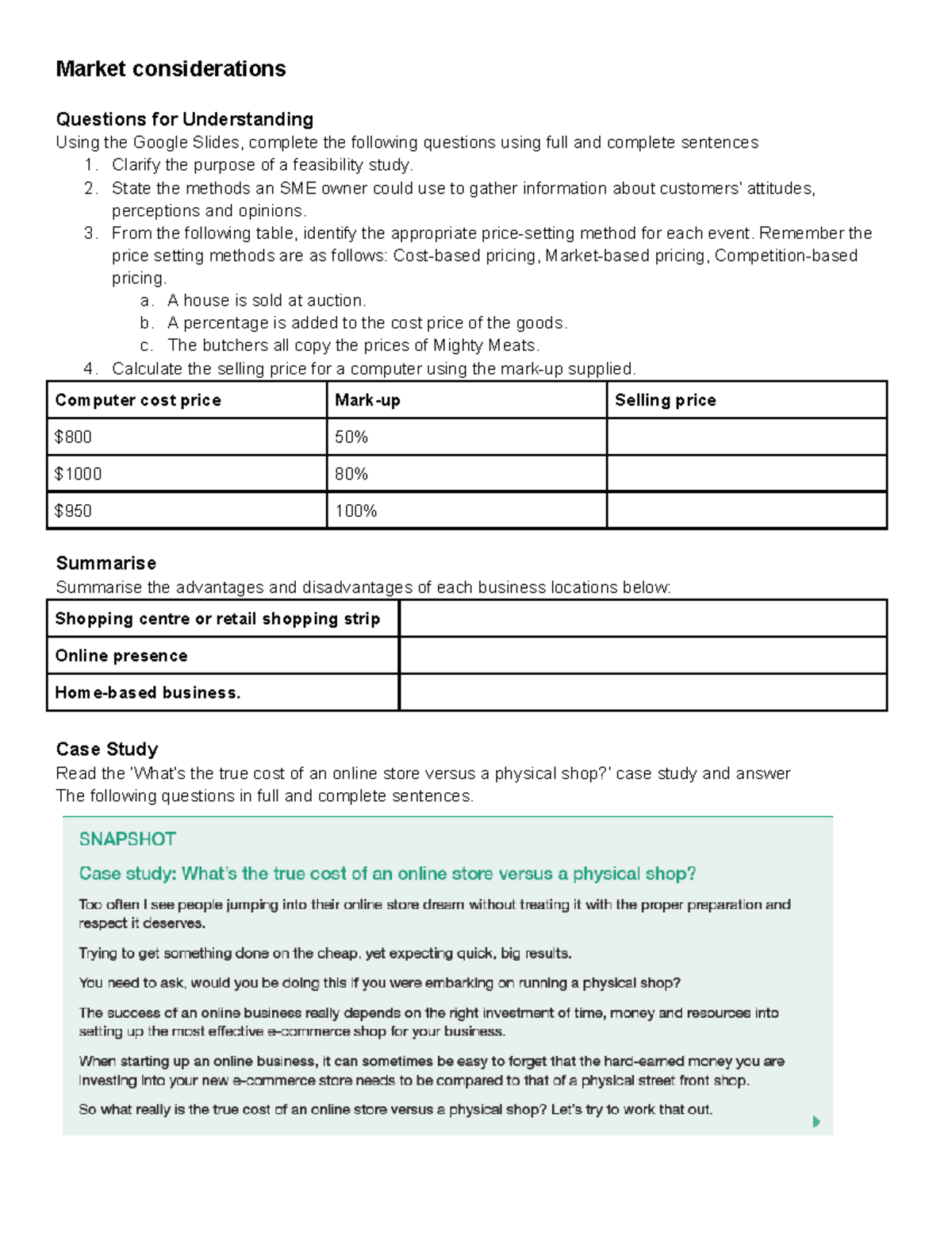 Market considerations - Market considerations Questions for ...