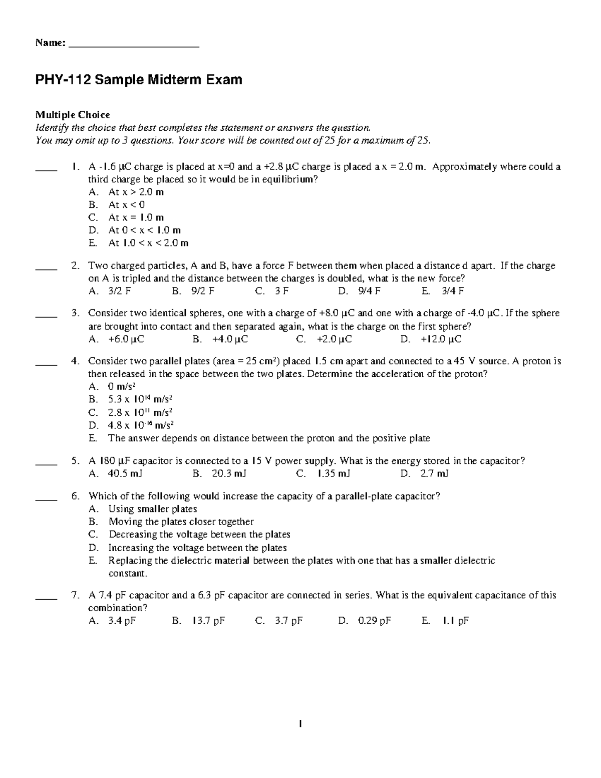 PHY-112 Sample Midterm Exam - Name: ________________________ PHY-112 Sample Midterm Exam ...