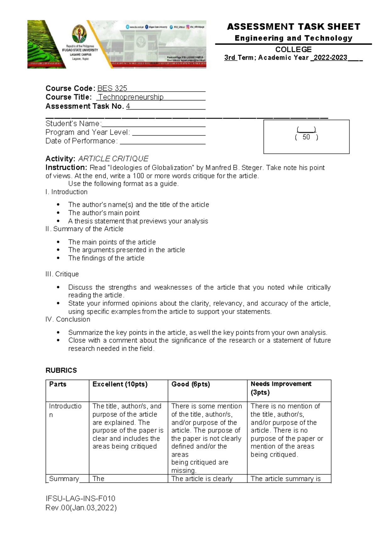 AT4-article-critique - ASSESSMENT TASK SHEET Engineering and Technology ...