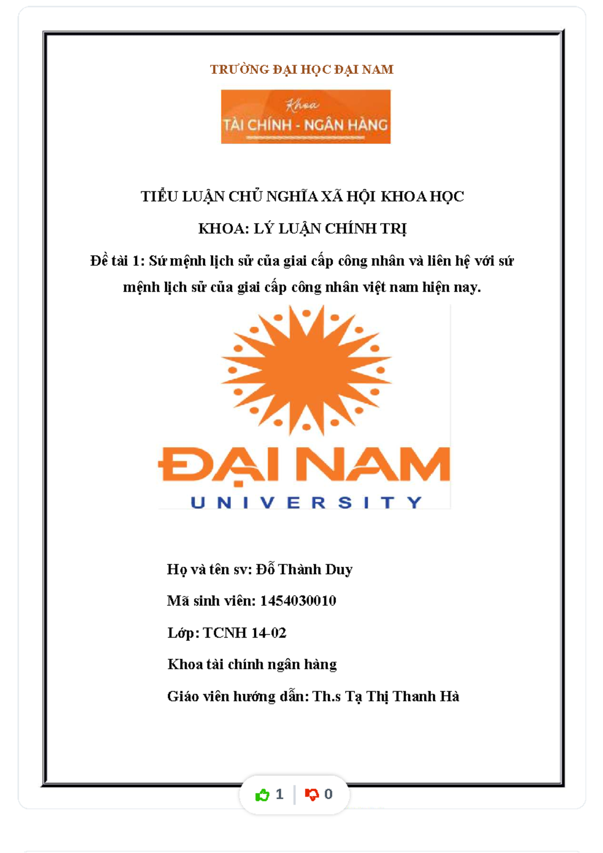Dlstudocu - sdsdsdsd - TRƯỜNG ĐẠI HỌC ĐẠI NAM TIỂU LUẬN CHỦ NGHĨA XÃ ...
