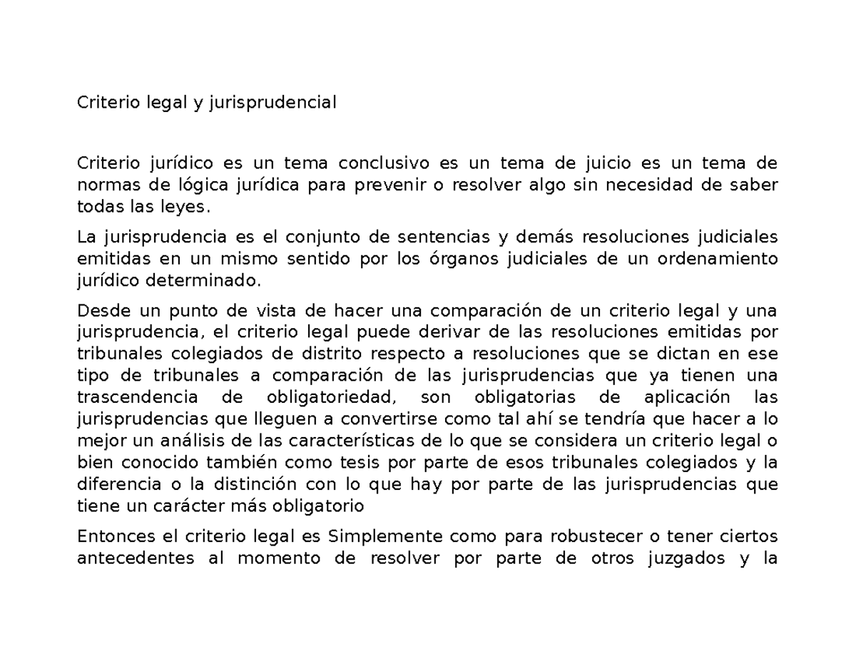 Derecho DE Amparo - Criterio legal y jurisprudencial Criterio jurídico ...