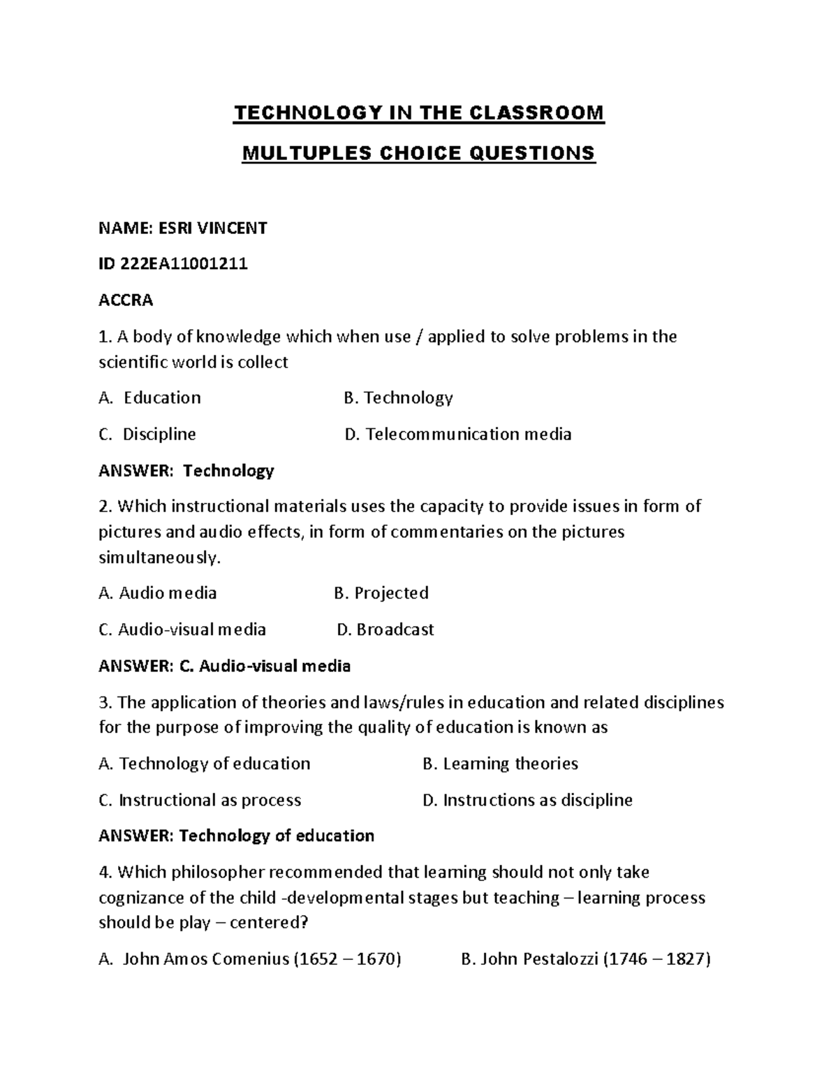 Technology IN THE Classroom Multiples Choice Questions FOR B ED ...