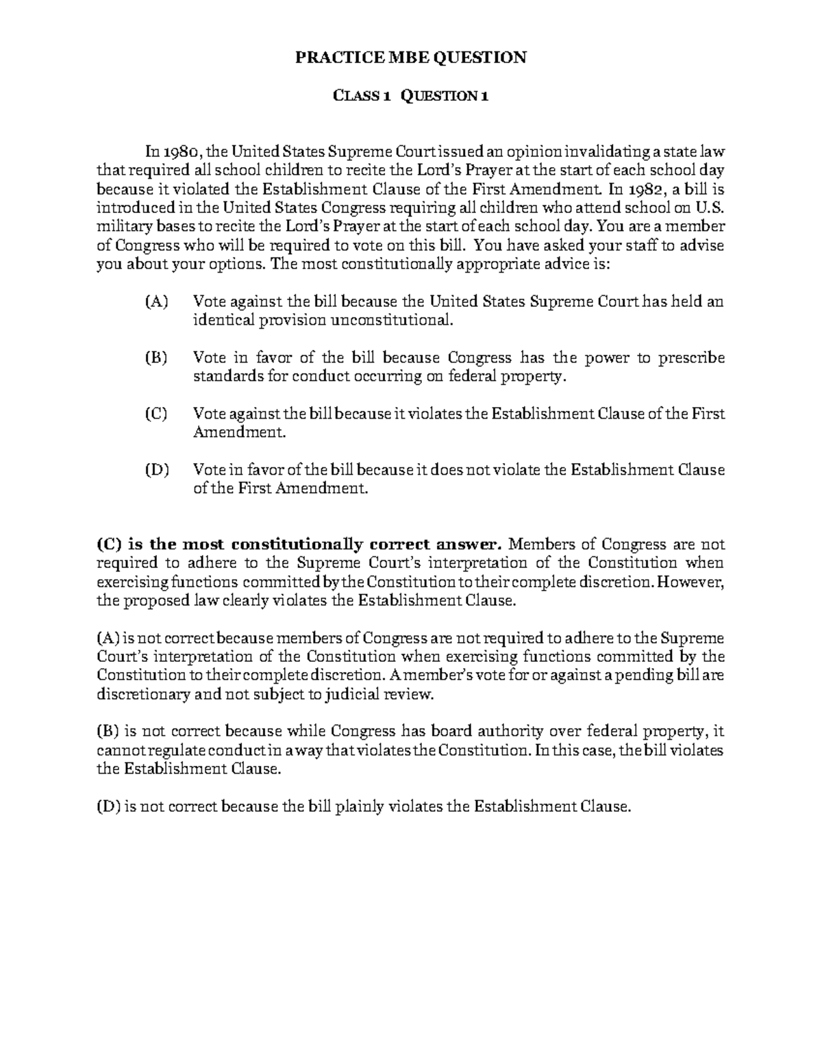 Class 01 Question 1A - PRACTICE MBE QUESTION CLASS 1 QUESTION 1 In 1980 ...