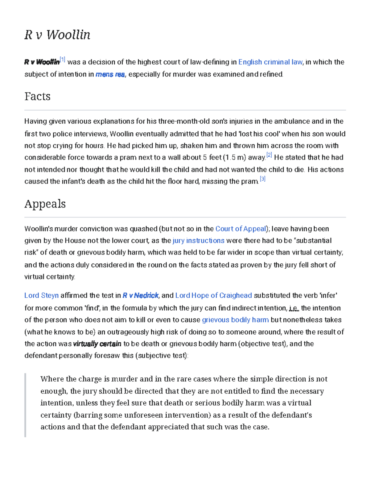 R v Woollin - Wikipedia - Notes Cases - R v Woollin R v Woollin[1] was ...