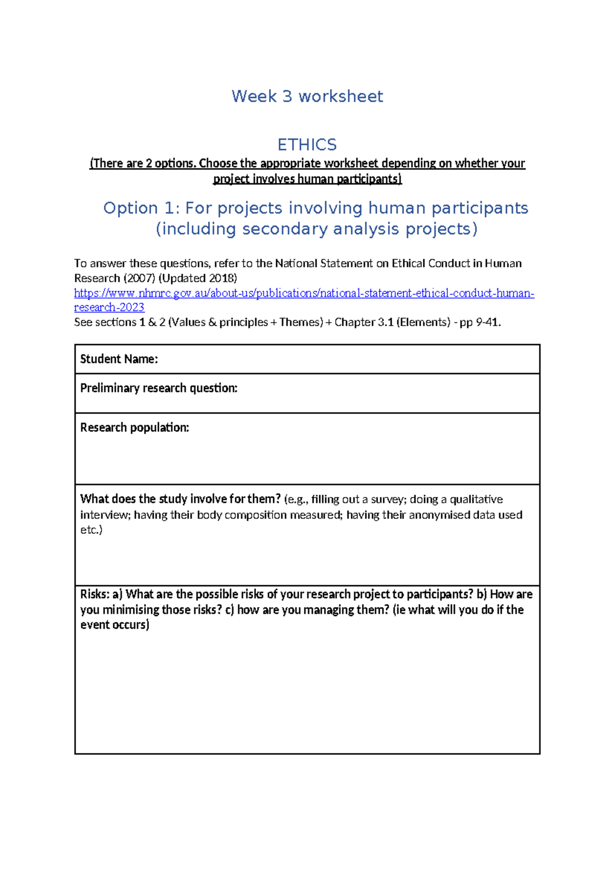 Week 3 worksheet - ethics-3 - Week 3 worksheet ETHICS (There are 2 ...