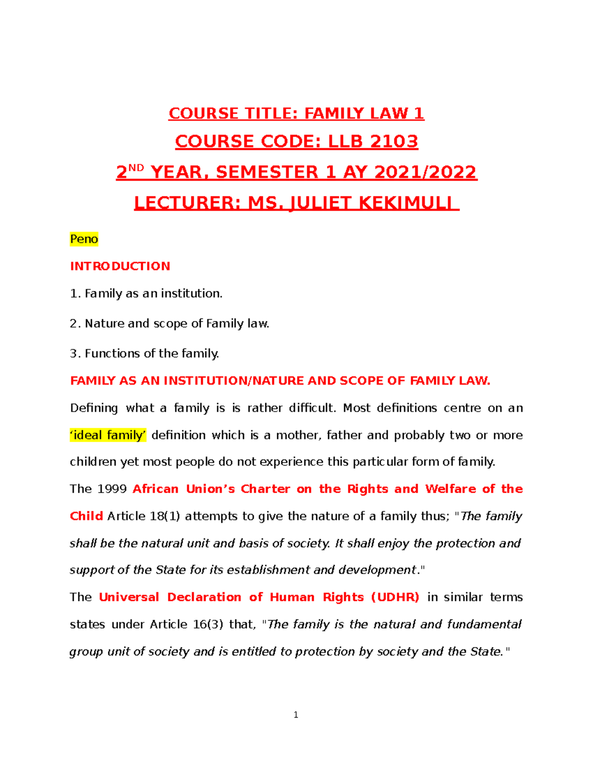 Family Law 1- Student's lecture Notes - COURSE TITLE: FAMILY LAW 1 ...