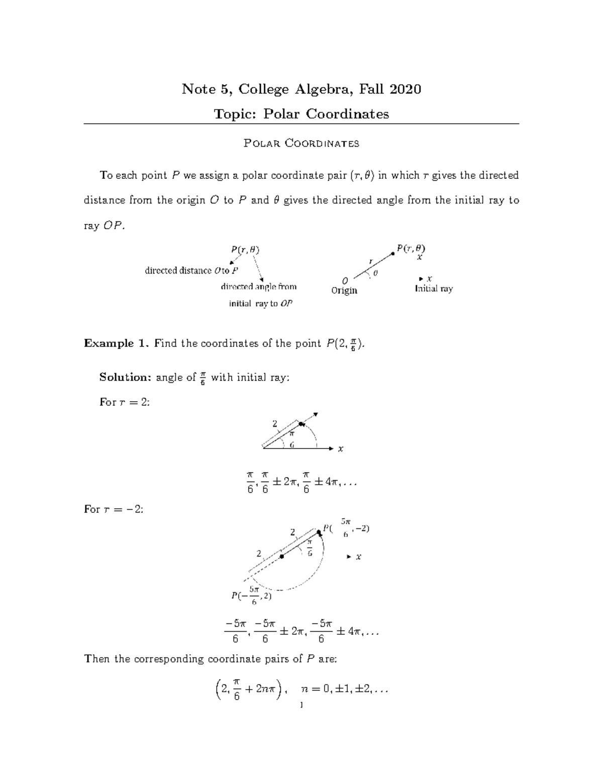 Note5 - Polar Coordinates - Note 5, College Algebra, Fall 2020 Topic ...