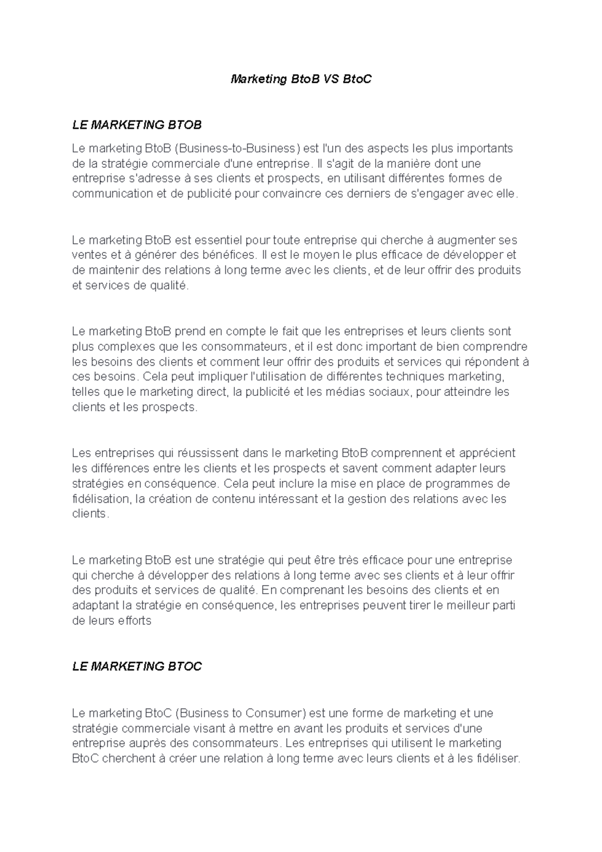 Marketing Bto B VS BtoC - Marketing BtoB VS BtoC LE MARKETING BTOB Le marketing BtoB - Studocu