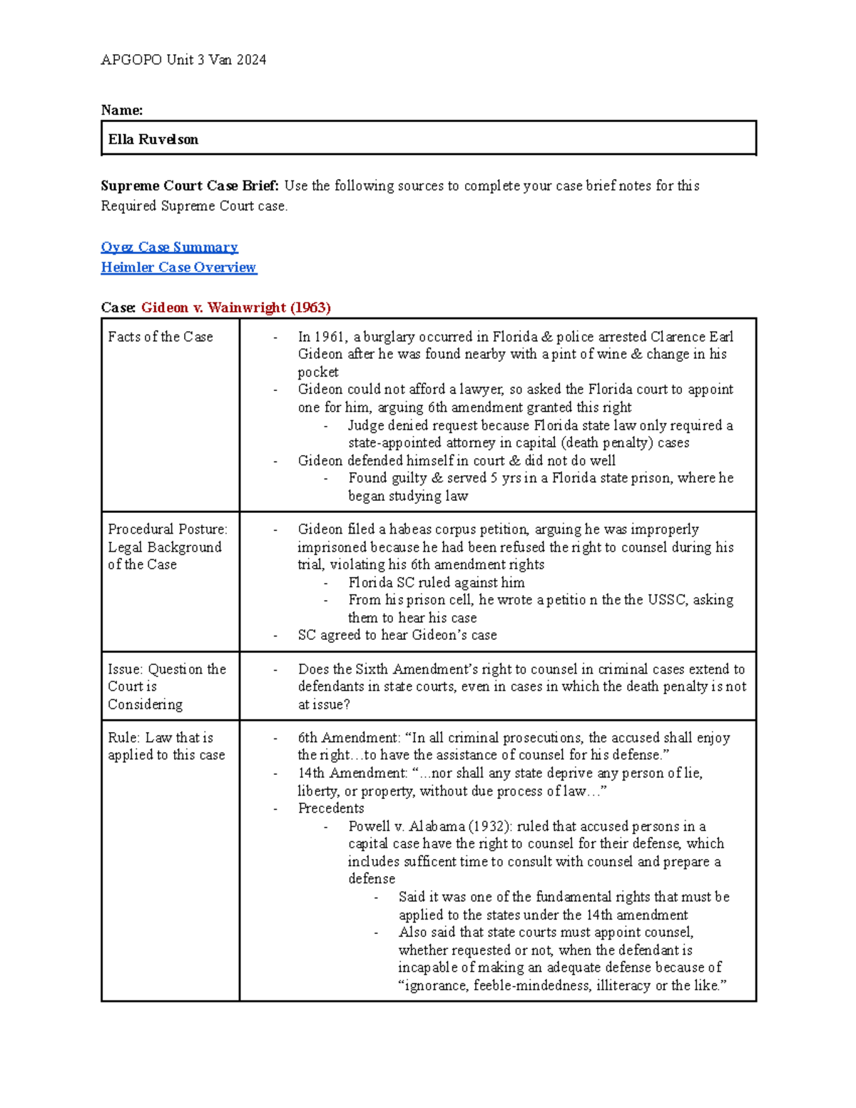 Gideon v. Wainwright (1963) - APGOPO Unit 3 Van 2024 Name: Ella ...