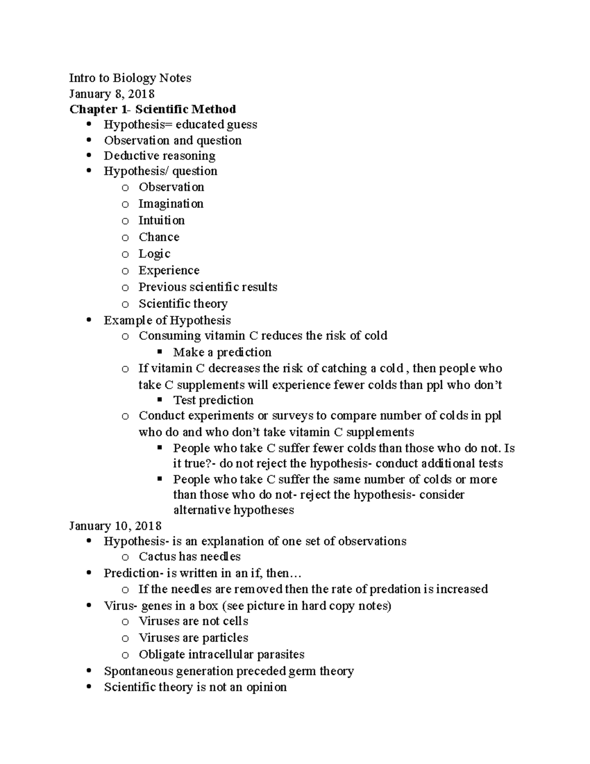 Intro to Biology Notes - Chapters 1 through 3 taught by Professor ...