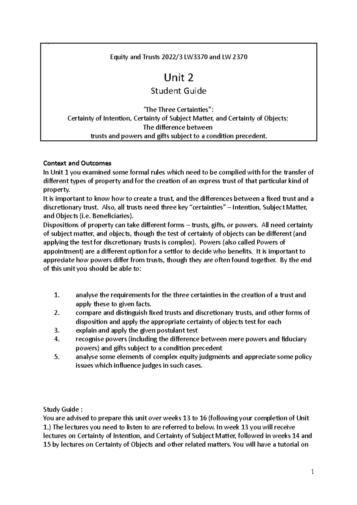Unit 2 The Three Certainties, Powers, and other Gifts 2022 - Equity and Trusts 2022/3 LW3370 and ...