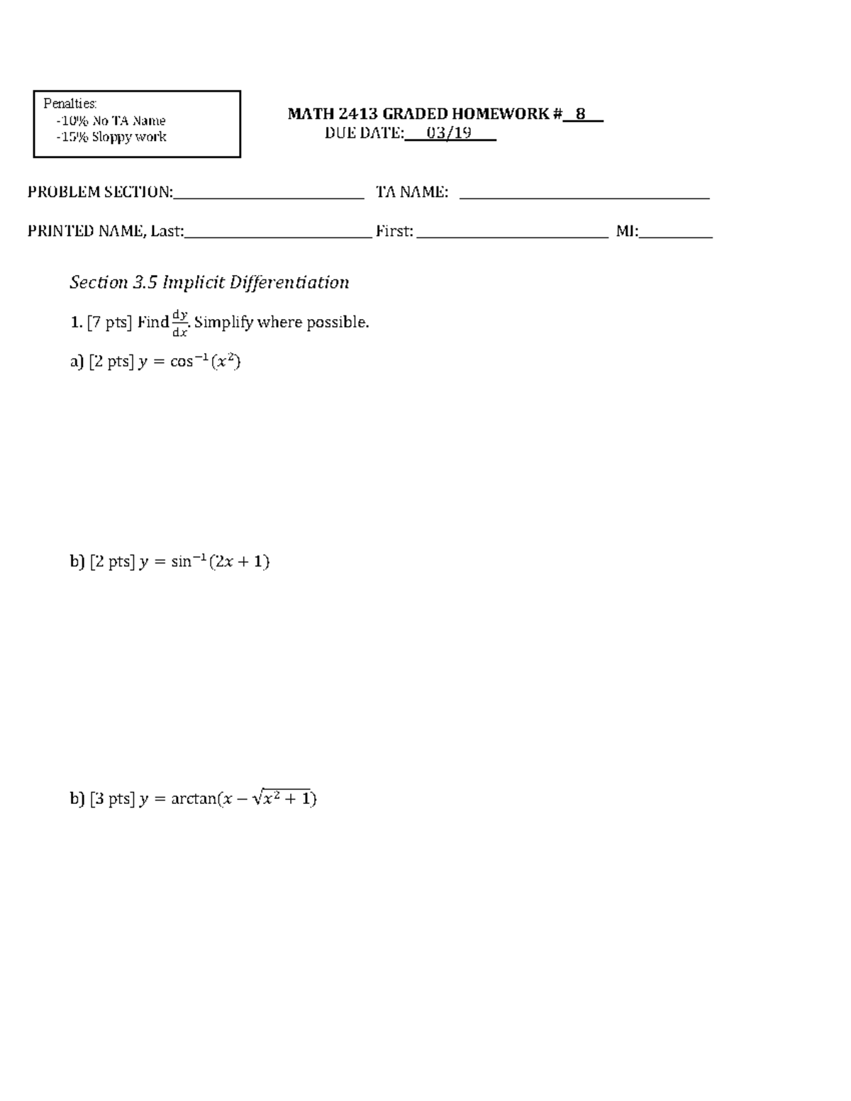 Microsoft Word - GHW8v2 - Page of MATH 2413 GRADED HOMEWORK #8_ DUE DATE: 03/19____ PROBLEM ...